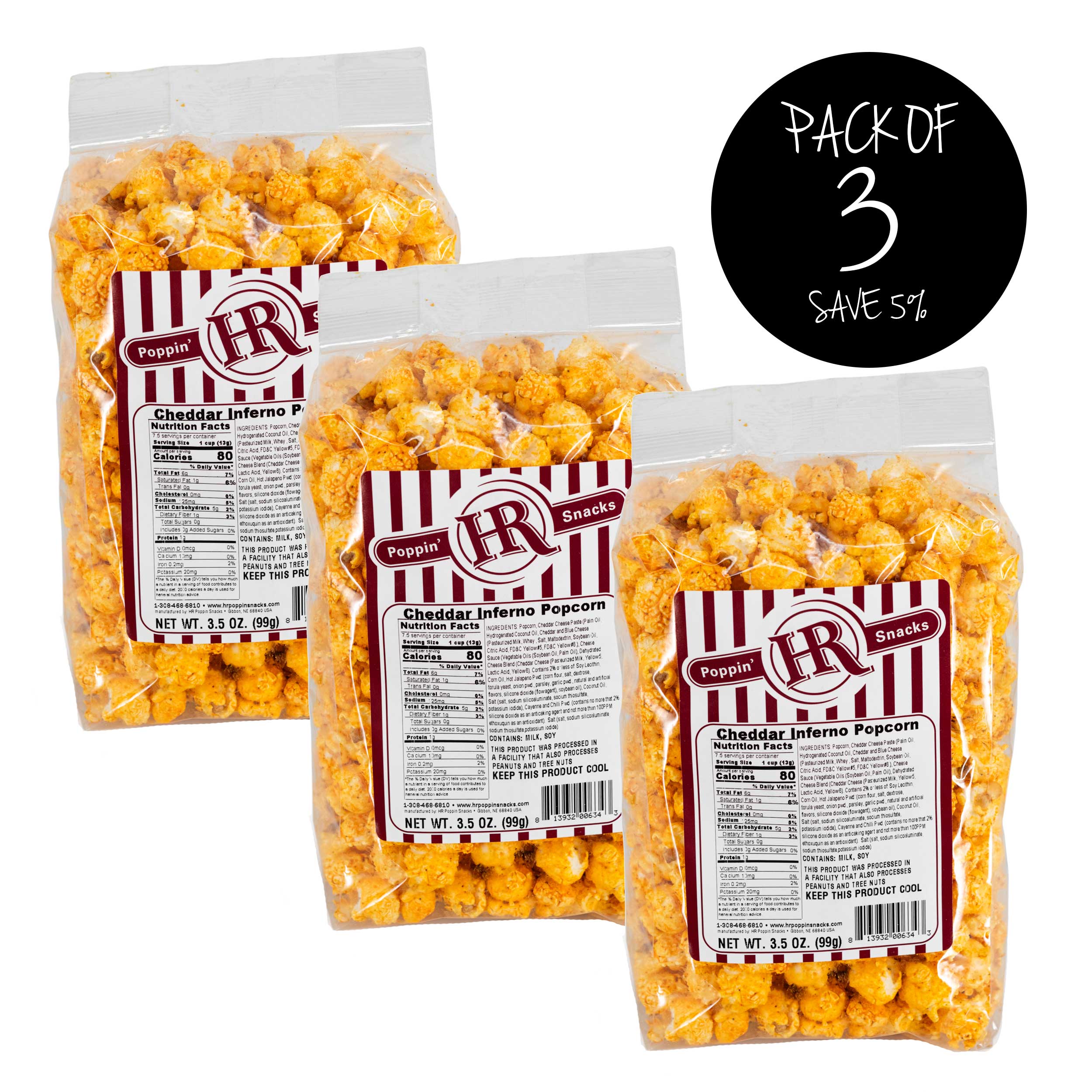 Cheddar Inferno Popcorn | Pack of 3 | 3.5 oz | HR Poppin' Snacks ...