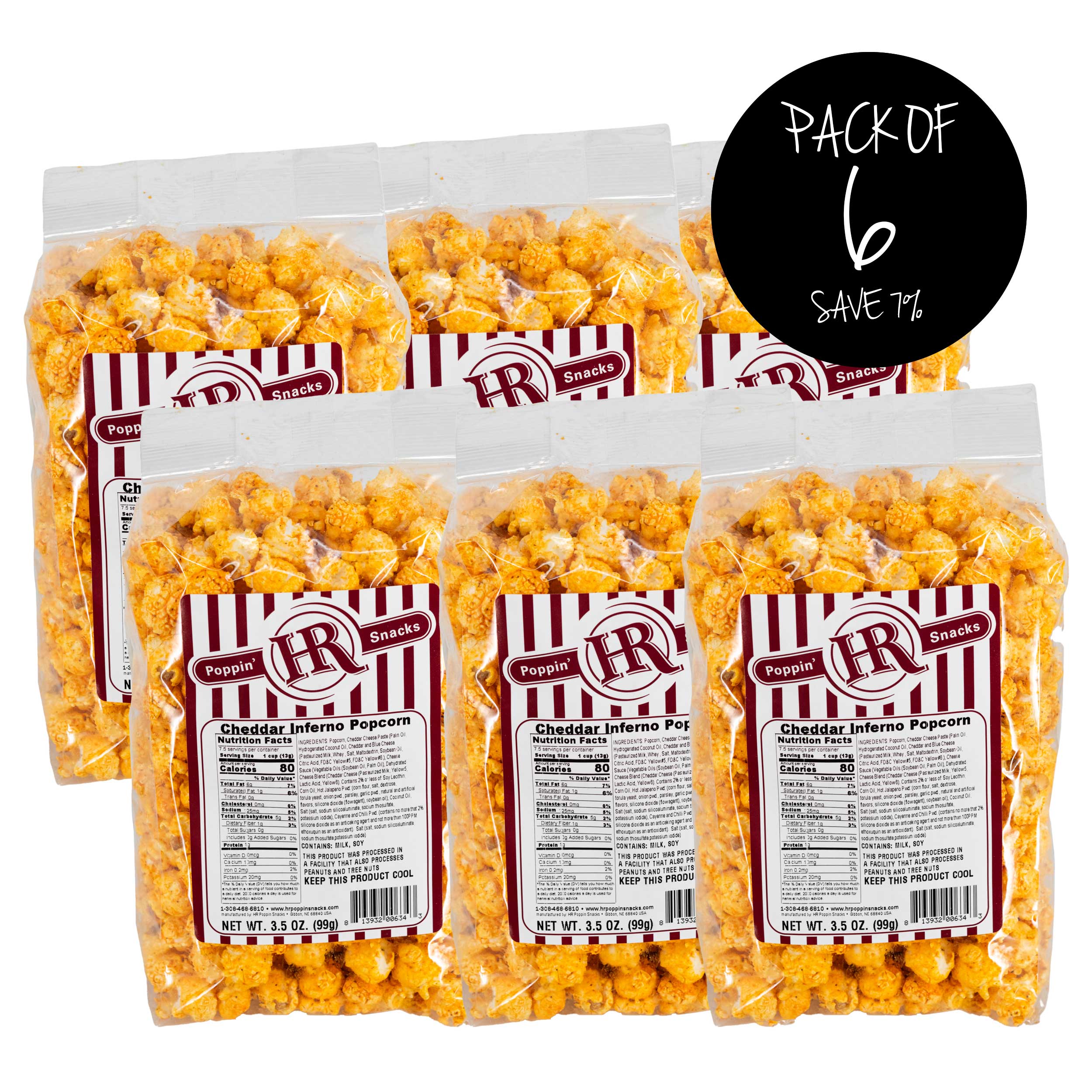 Cheddar Inferno Popcorn | Pack of 6 | 3.5 oz | HR Poppin' Snacks ...